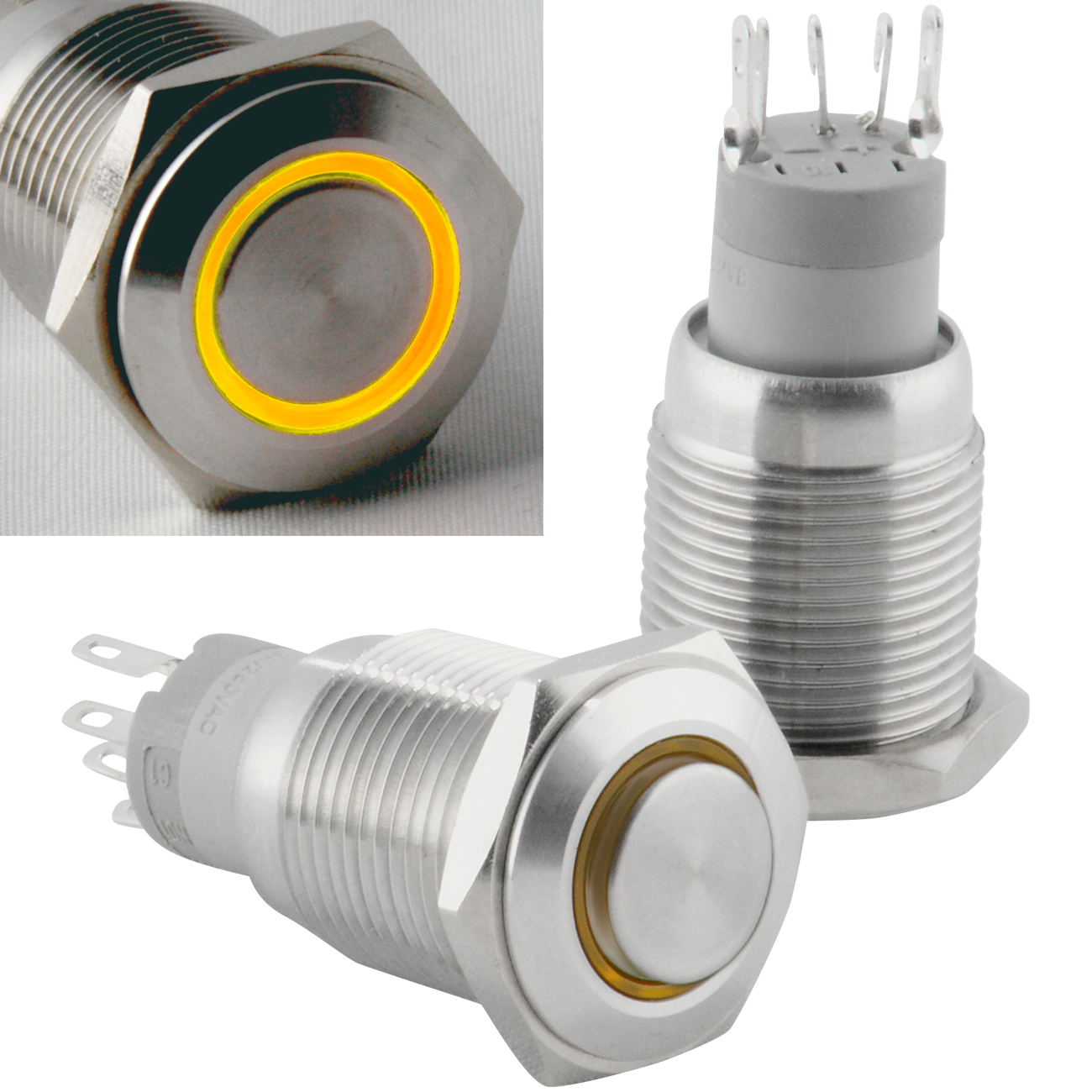 16mm Maintained/Latching Push Button Power Switch Stainless Steel Metal ...