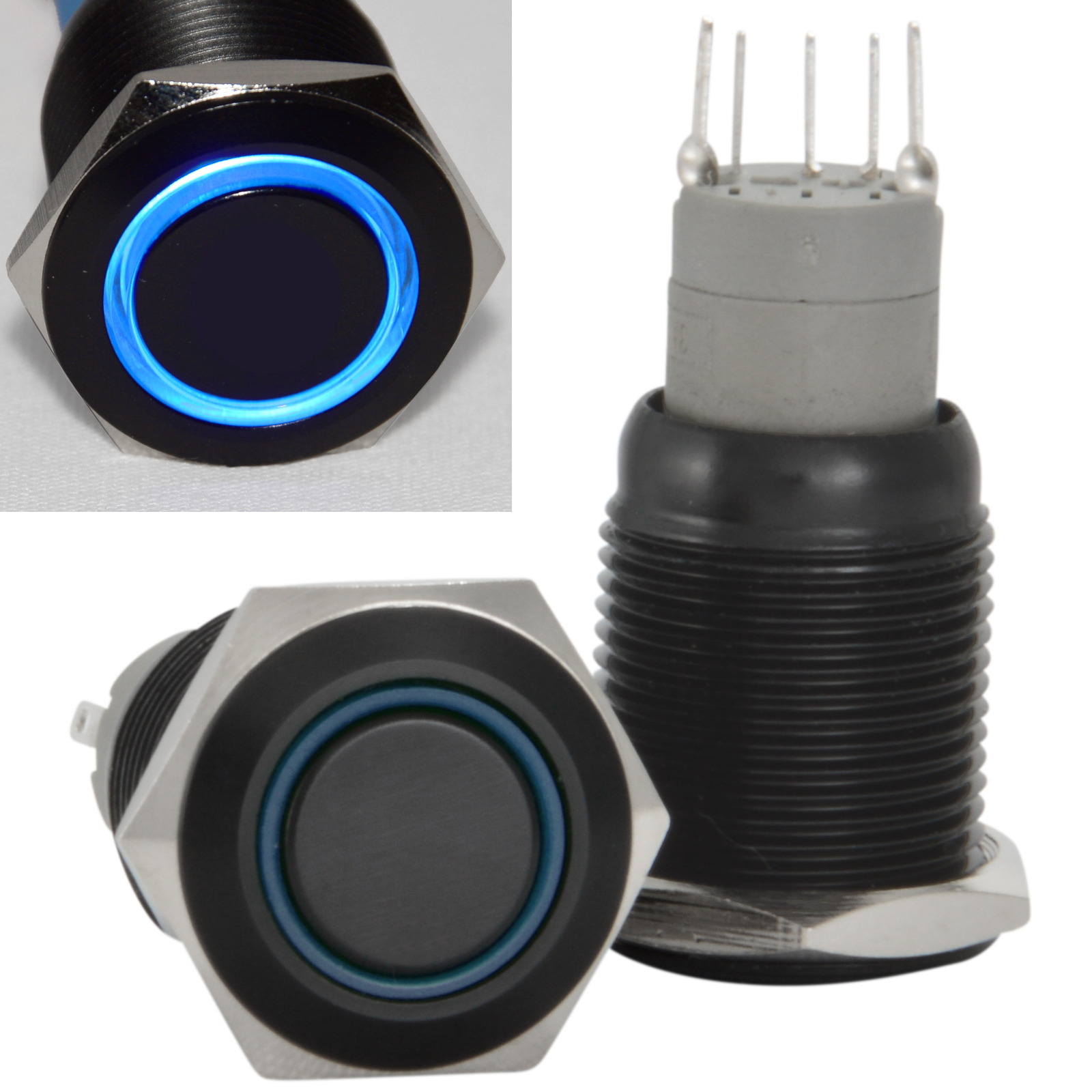 16mm Maintained/Latching Push Button Power Switch Black Metal w/ LED ...